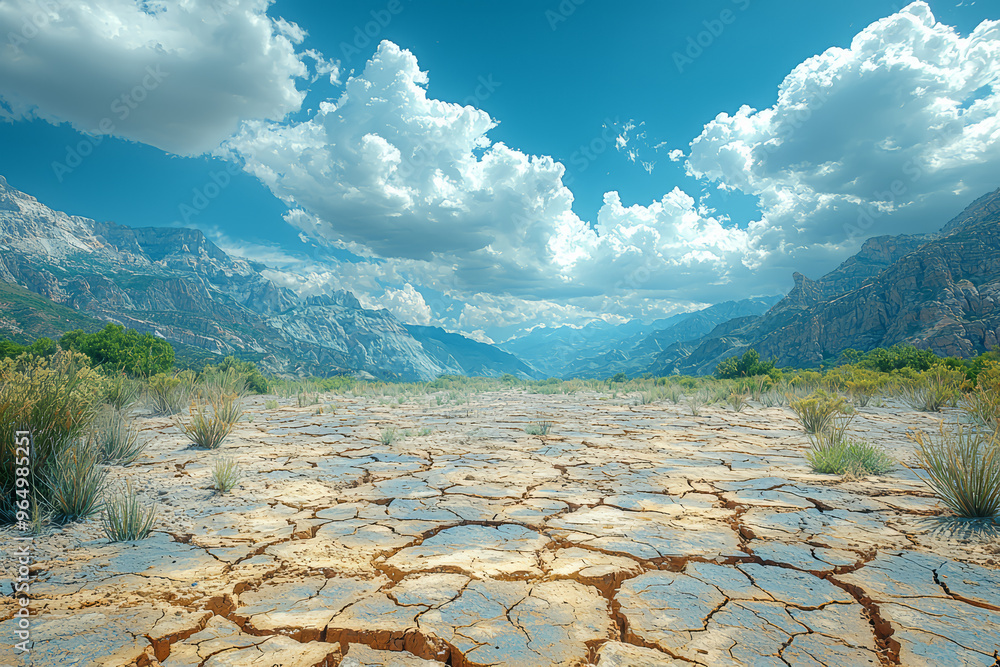 A desolate landscape with cracked earth and stunted vegetation ...