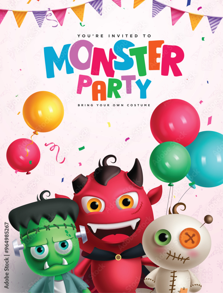 Halloween monster party vector poster design. Trick or treat invitation ...