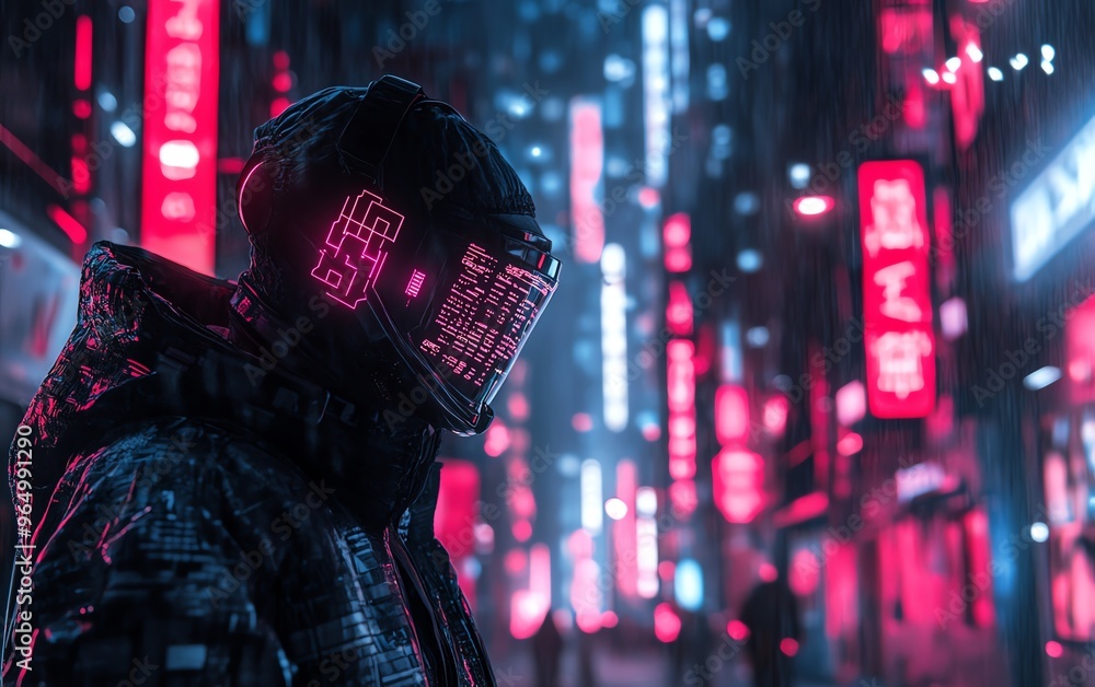 Cyberpunk hacker in a neonlit urban environment, surrounded by digital ...