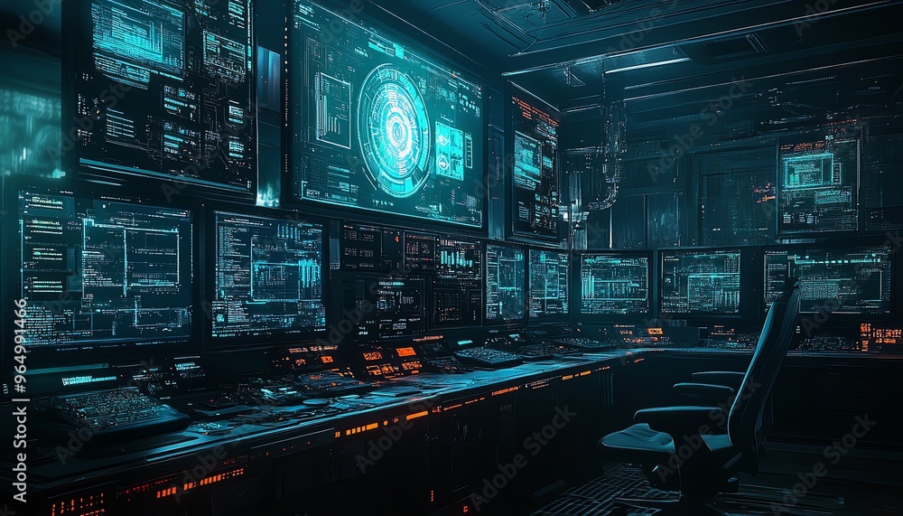 Futuristic hacking console with multiple screens showing realtime data ... Futuristic hacking console with multiple screens showing realtime data ...