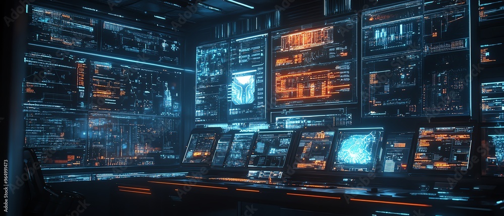 Futuristic hacking console with multiple screens showing realtime data ...