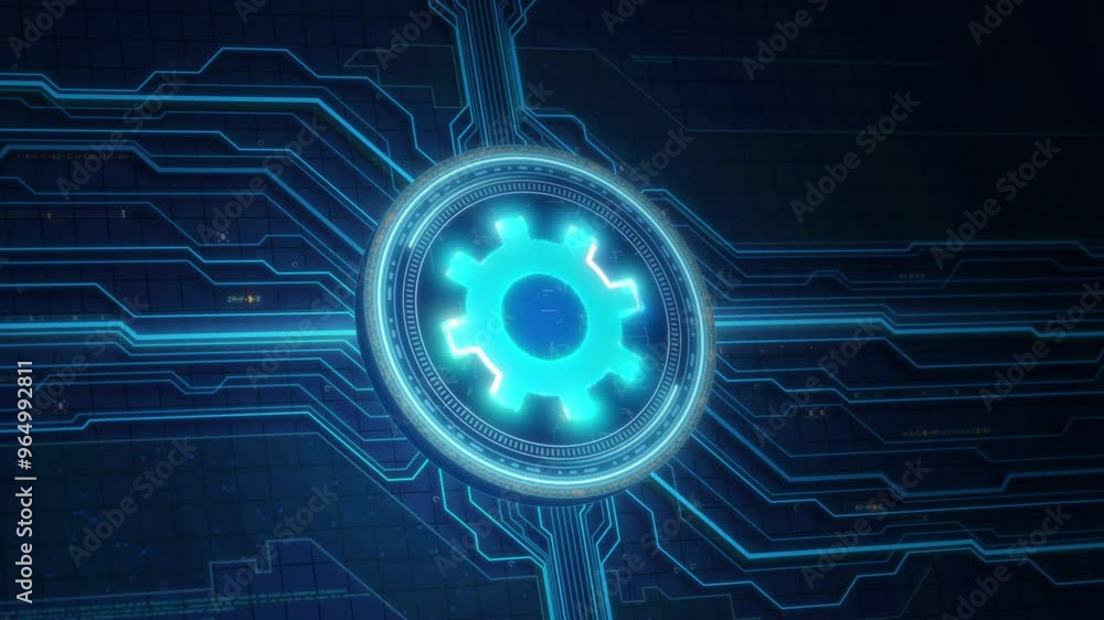 Futuristic digital design featuring a glowing gear symbol and circuit ...