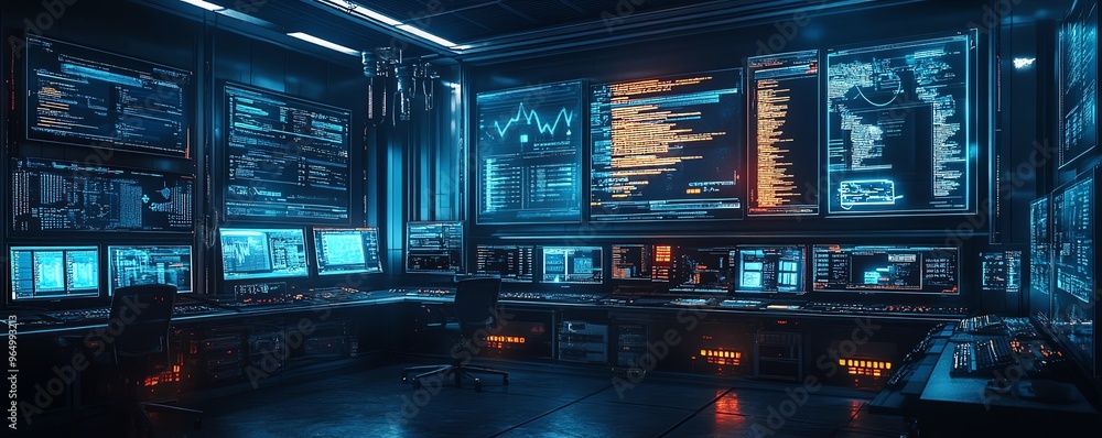 Intricate data theft setup with multiple monitors displaying breached ...