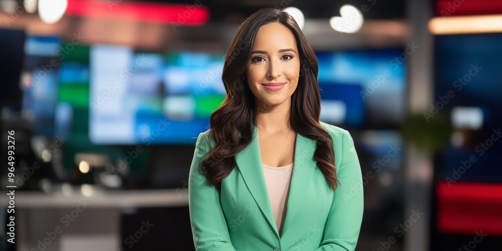 Exciting and Dynamic Modern Hispanic Female News Anchor in a Soft Green ...