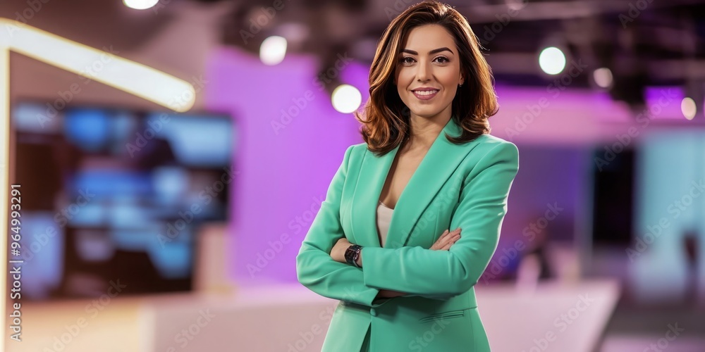 Exciting and Dynamic Modern Hispanic Female News Anchor in a Soft Green ...