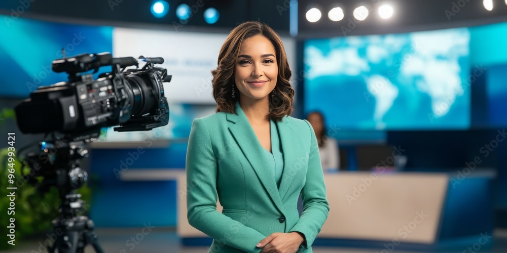 Exciting and Dynamic Modern Hispanic Female News Anchor in a Soft Green ...
