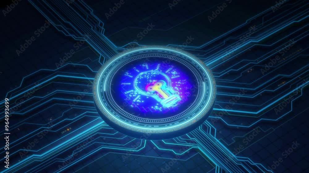 Futuristic technology concept featuring a glowing lightbulb on a ...