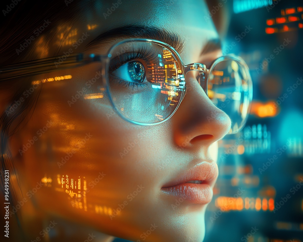 Futuristic nerd face with sleek glasses, a thoughtful expression, and a ...