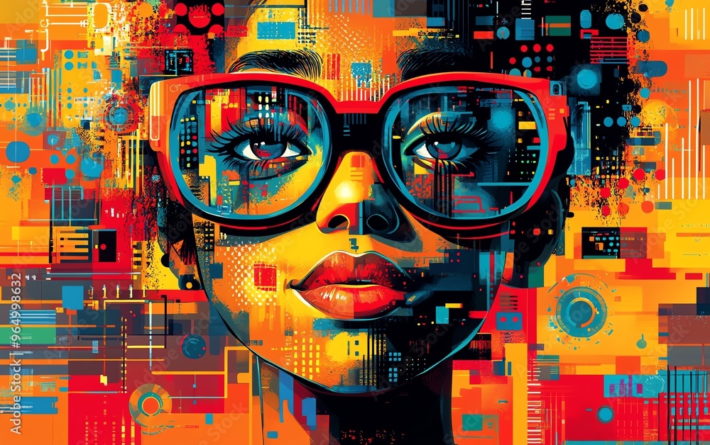 Stylized nerd face with large glasses, a quirky smile, and digital ...