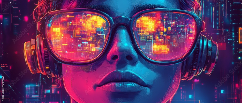 Stylized nerd face with large glasses, a quirky smile, and digital ...