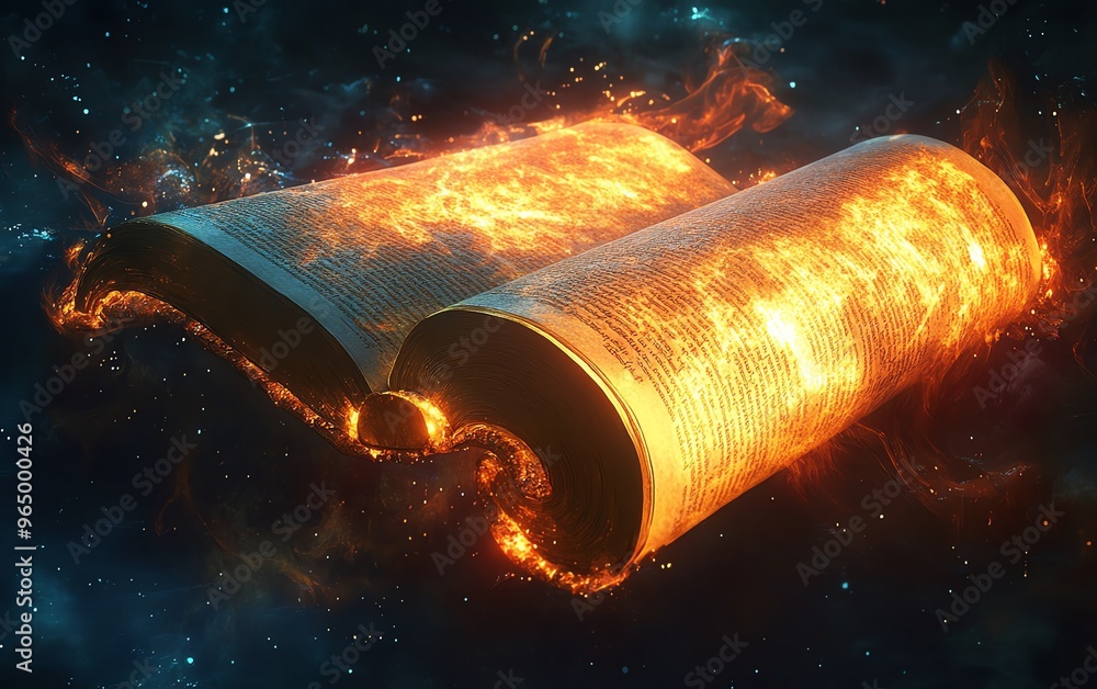 Bible on glowing scroll parchment, Book of Revelation, visionary and ...