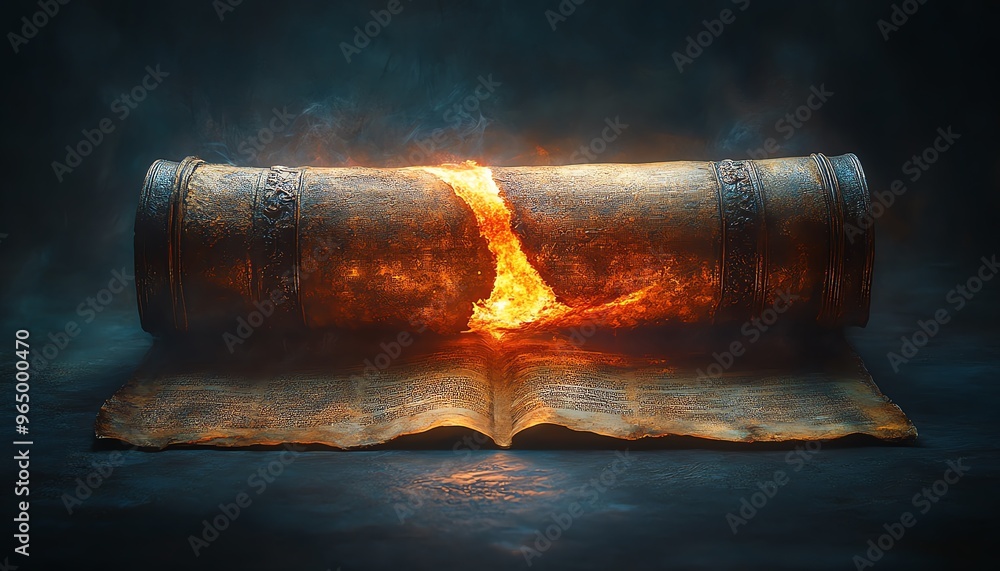 Bible revealed on glowing scroll parchment, Book of Revelation ...