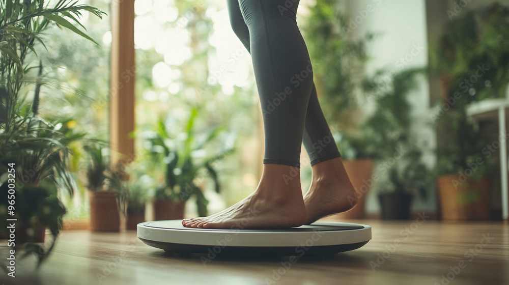 woman's feet and legs stepping on a blank surface, symbolizing a fresh ...