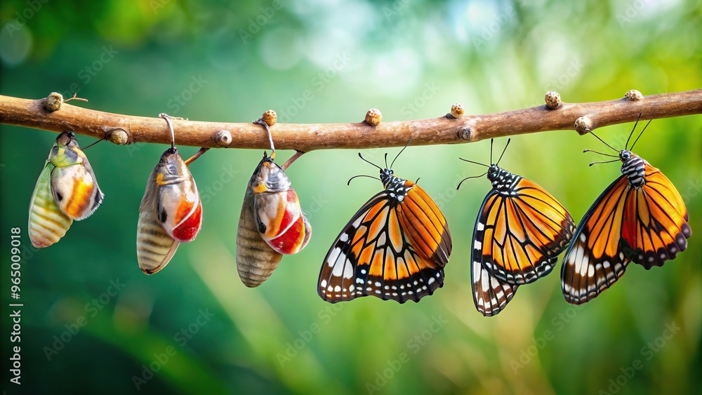 Isolated close up of the life cycle of a color sergeant butterfly on a ...