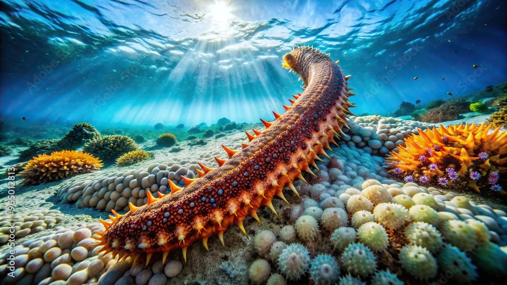 invertebrate, Sea cucumber spawning in an upright position underwater ...
