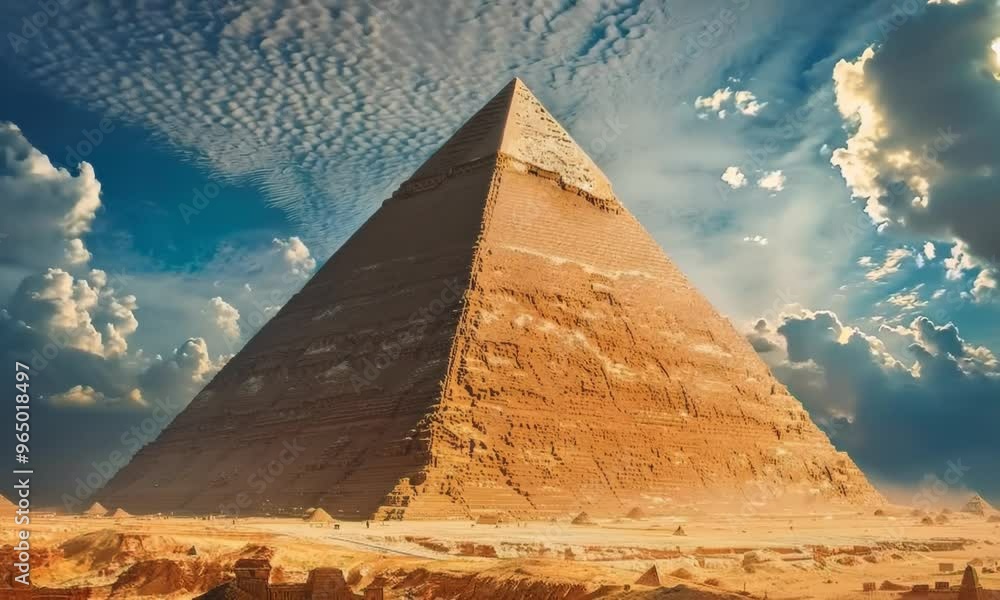 A painting of the Great Pyramid of Giza, its towering structure a ...