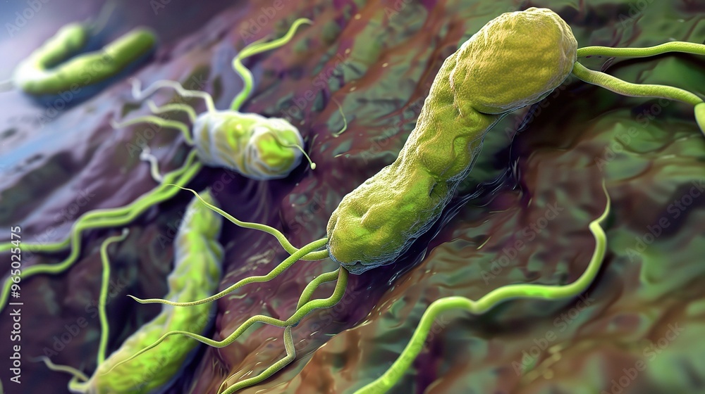 A close - up view of Helicobacter pylori. The bacteria are shown in ...