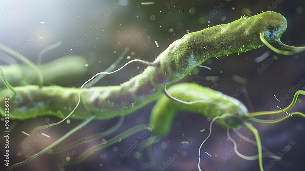 A close - up view of Helicobacter pylori. The bacteria are shown in ...