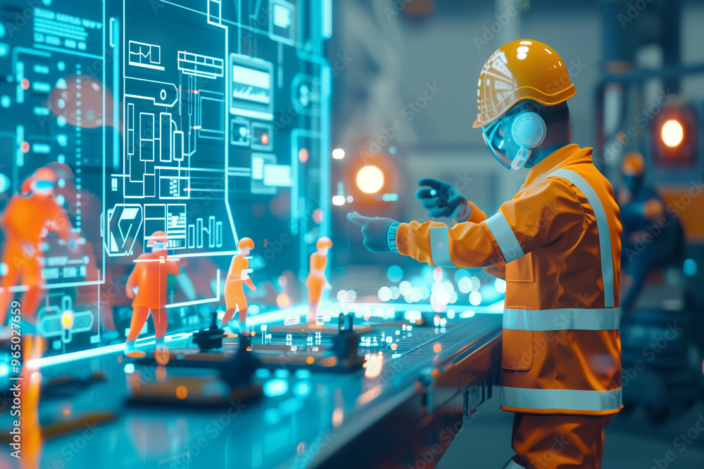 Cartoon futuristic construction site control hardworking robots ...