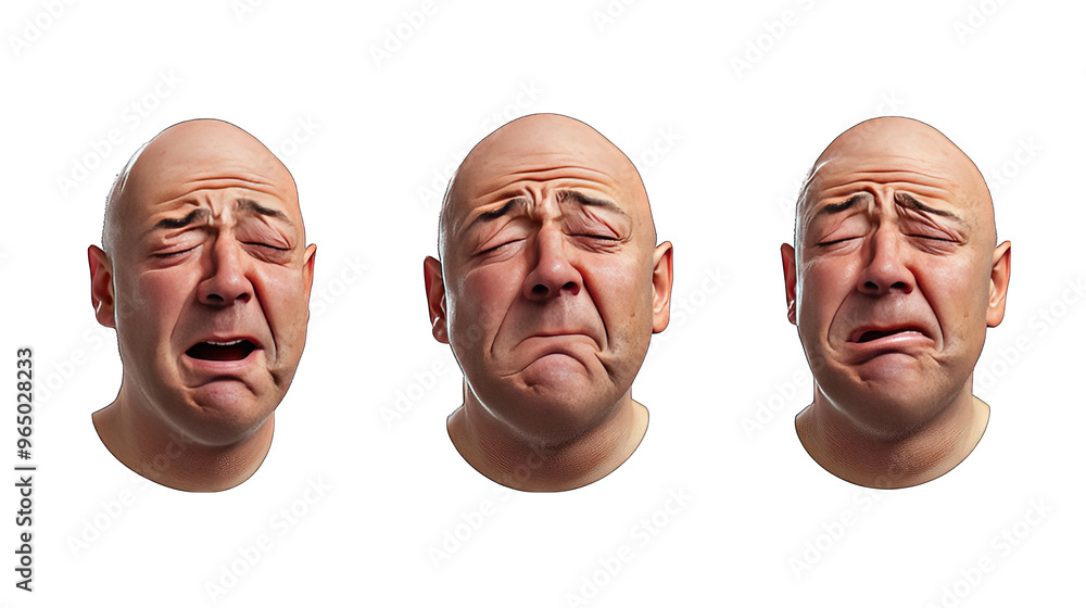 Set of bald men, head and face only, with angry crying sad facial ...
