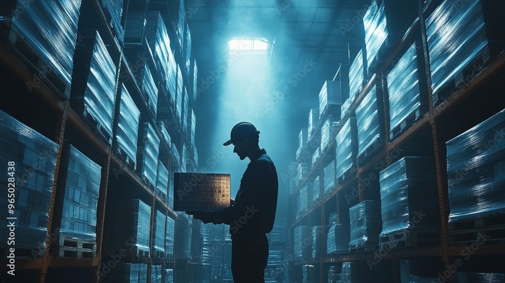 Industrial worker in a modern warehouse scanning a pallet with a ...