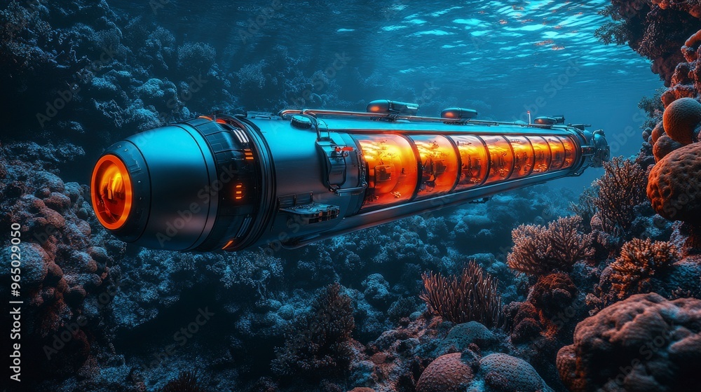 Autonomous underwater vehicle, sleek and streamlined, navigating coral ...