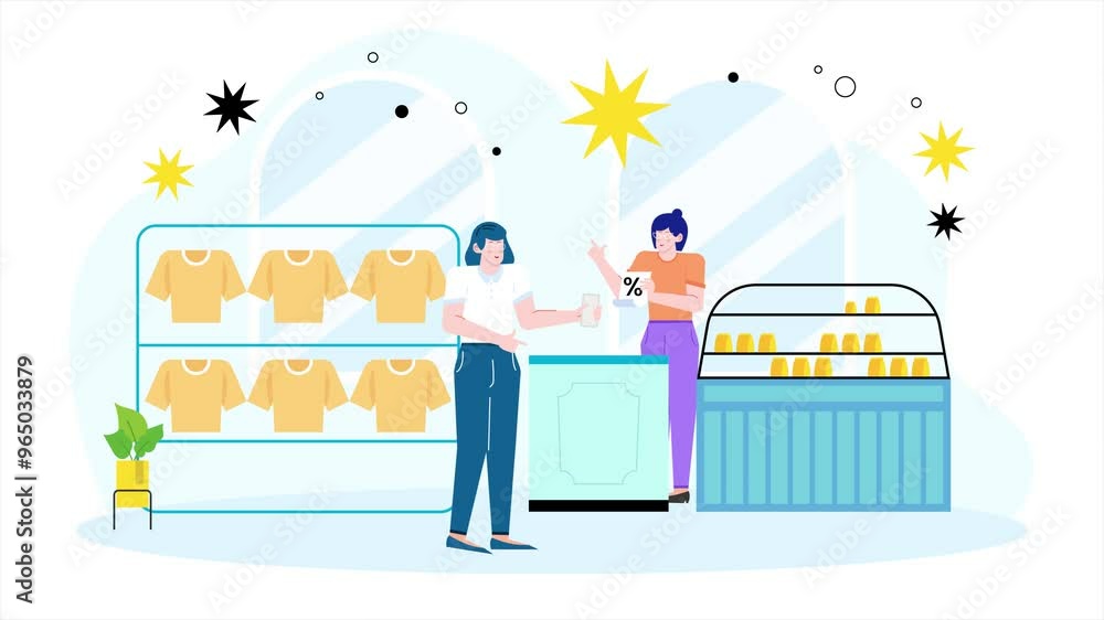 modern retail shop with two people engaging at a clothing and bakery ...