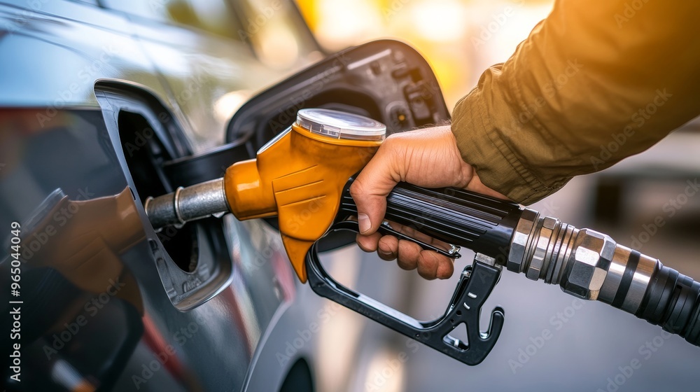 A hand is shown refueling a vehicle, inserting a gasoline pump nozzle ...