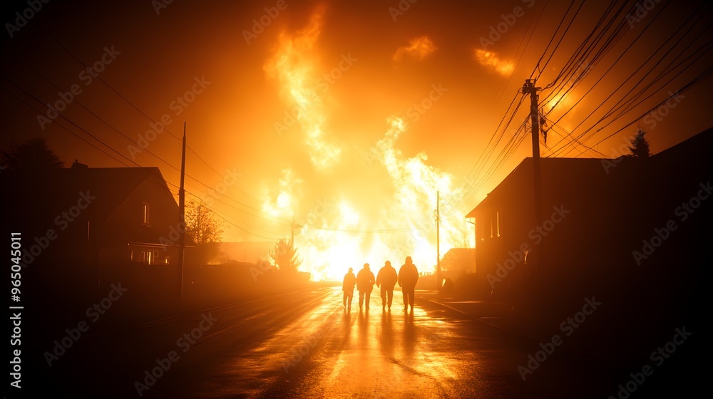 Neighborhood street illuminated by the glow of a house fire, with ...
