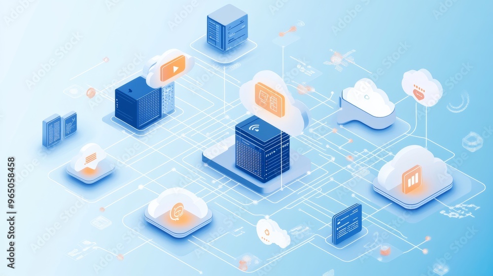 Depicting cloud computing, the image shows a network of interconnected ...