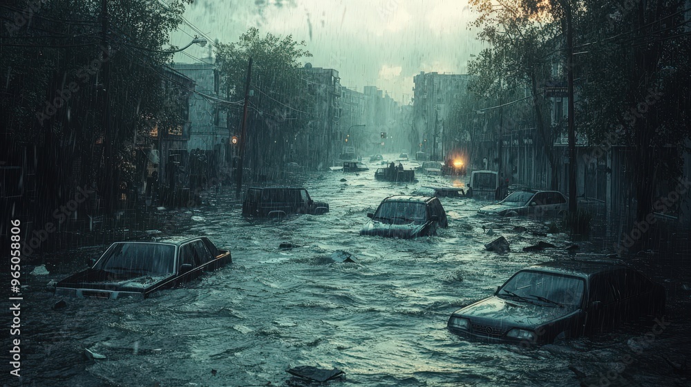 Flooded urban streets with vehicles submerged, chaotic water levels ...