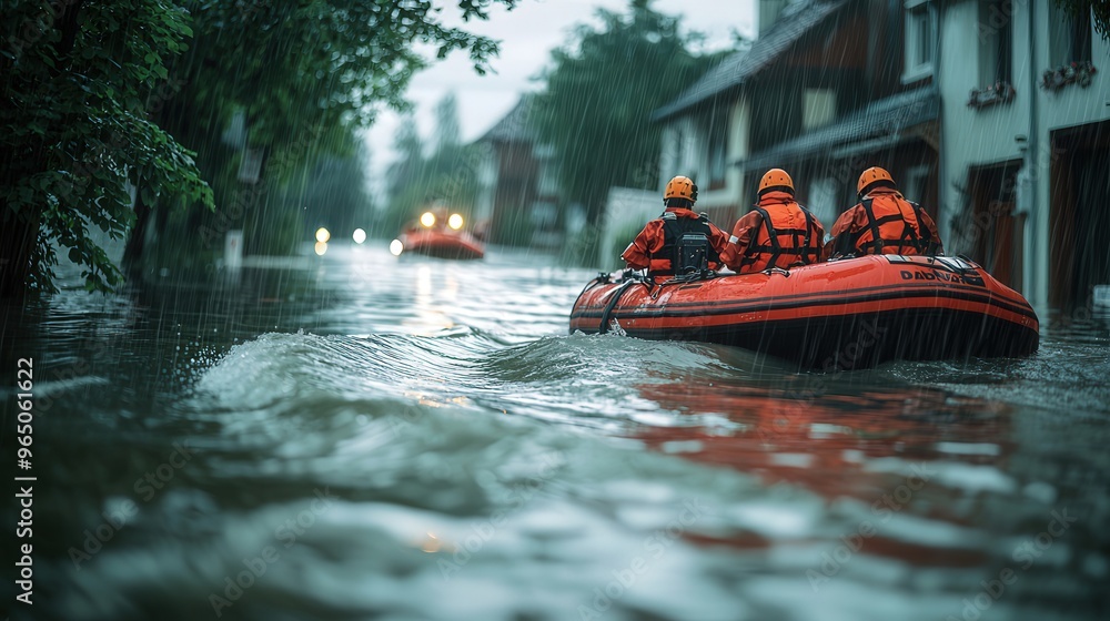 Boats engaged in rescue operations during a flood, high water levels ...