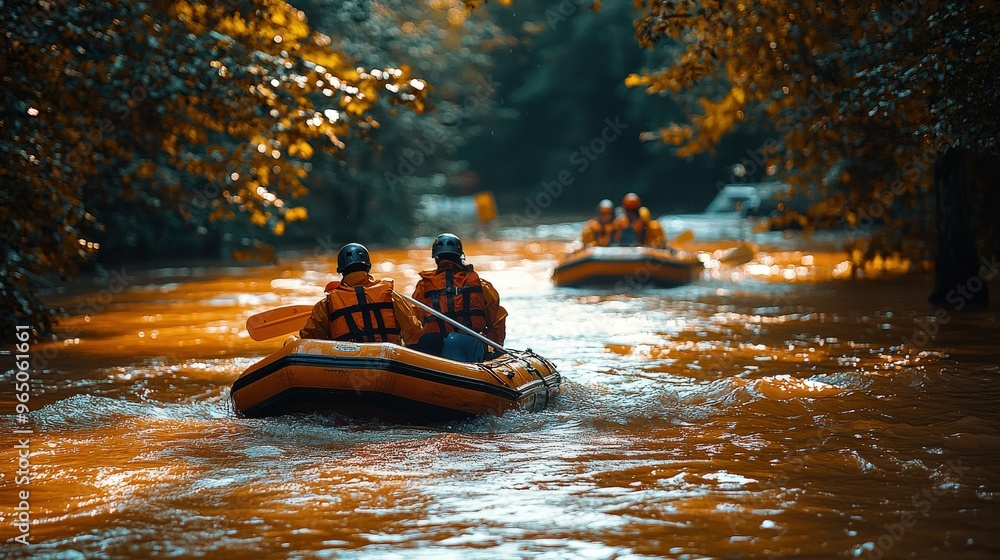 Boats engaged in rescue operations during a flood, high water levels ...