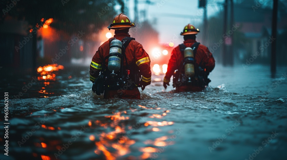 Firefighters responding to a flood emergency, rescuing individuals from ...