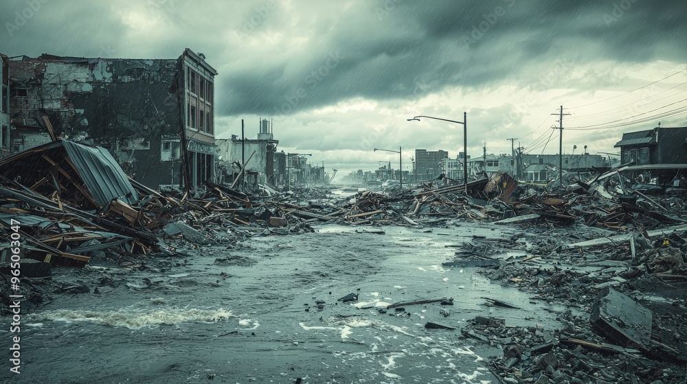 Storm-damaged infrastructure with collapsed buildings and debris ...