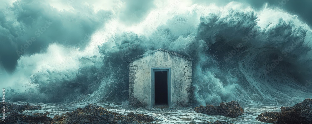Emergency shelter or bunker during a severe storm, demonstrating ...