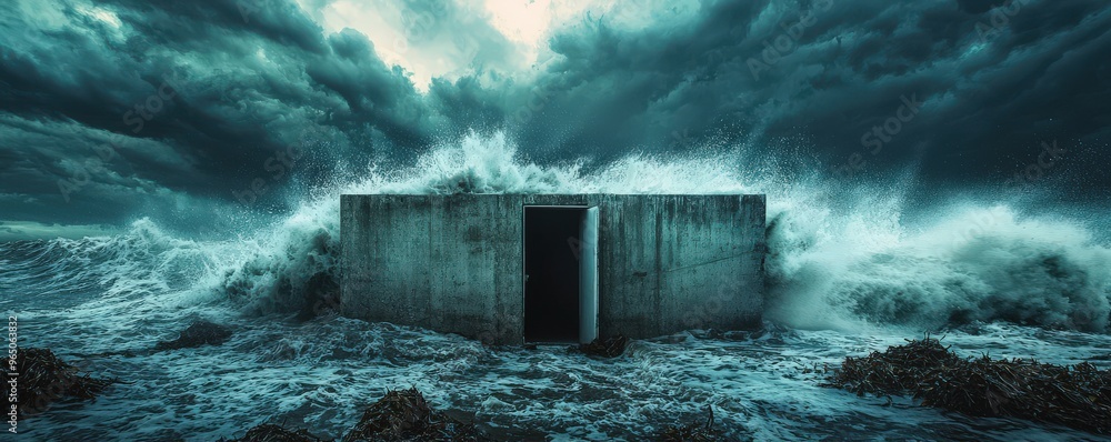 Emergency shelter or bunker during a severe storm, demonstrating ...