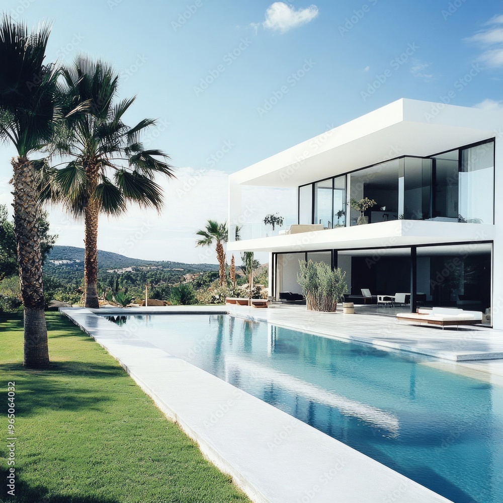 modern minimalist villa in Ibiza with a large pool and garden, white ...
