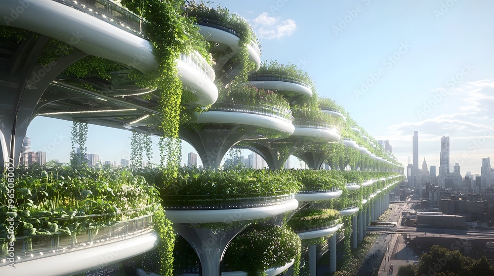 A futuristic urban farming system where vertical farms produce food for ...