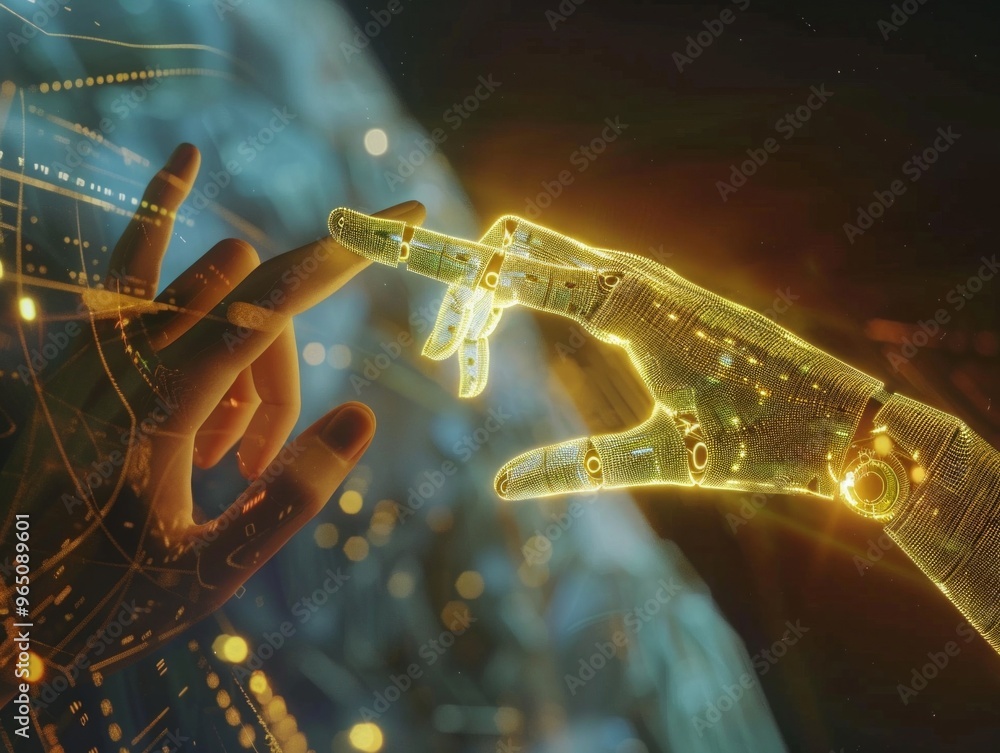 The Creation of Adam, robot hand touching human hand with finger ...