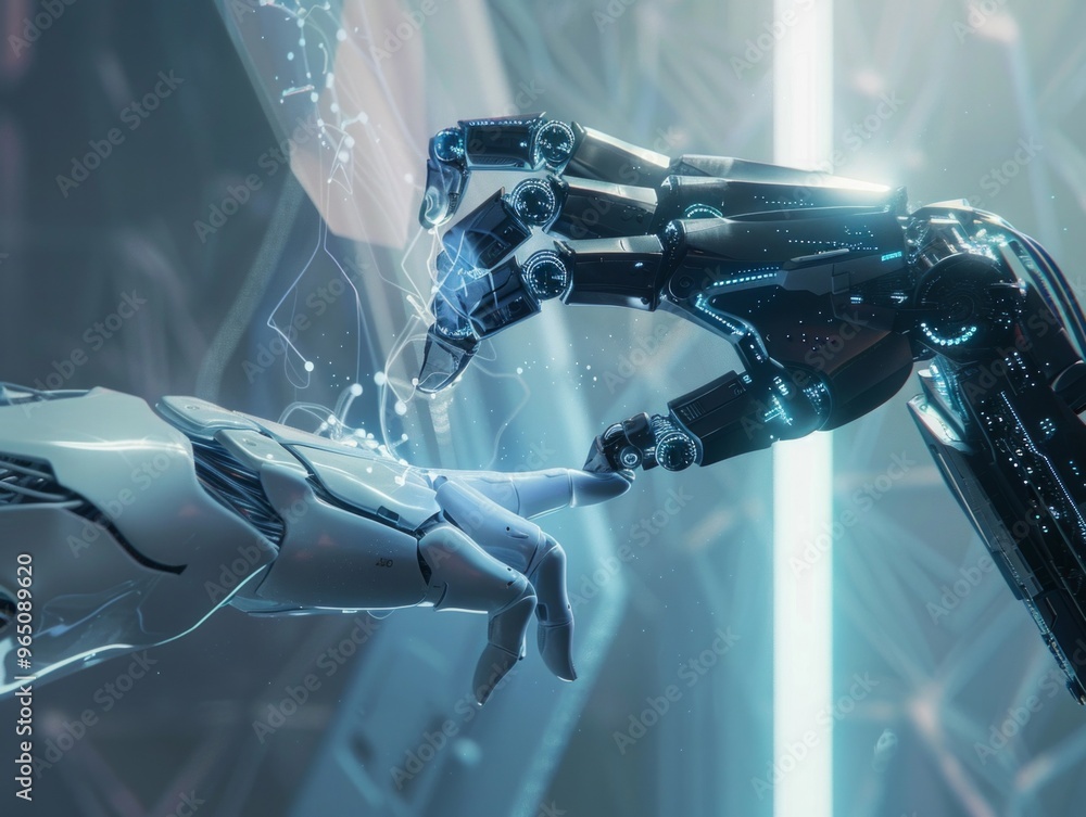 The Creation of Adam, robot hand touching human hand with finger ...