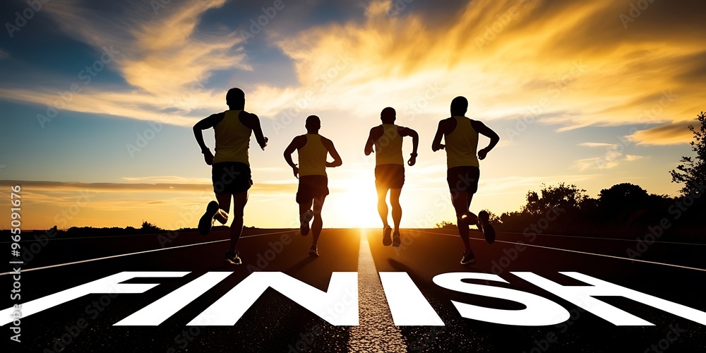 Runners Approaching Finish Line at Sunset, Success and Achievement ...