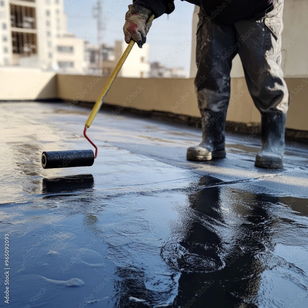 Using a roller brush to apply a waterproof coating to a rooftop, AI ...