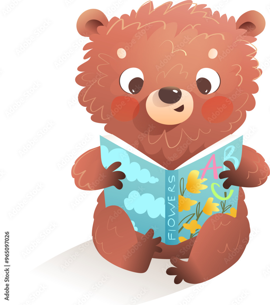 Baby bear reading a book, cute kids illustration for school and ...