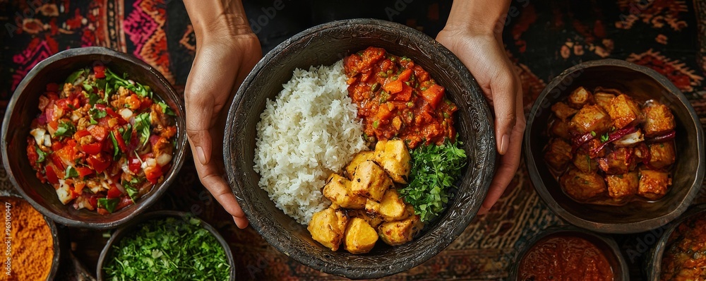 Traveler sampling traditional vegetarian cuisine in an exotic location ...