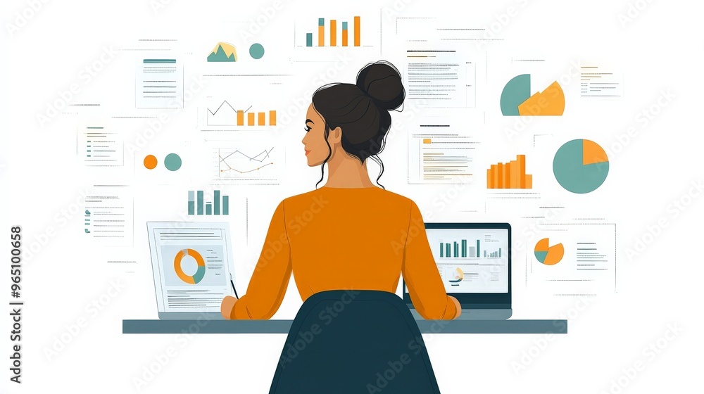 Data-Driven Decisions: A woman sits at her desk, surrounded by data ...