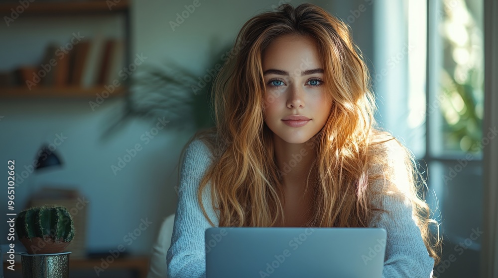 Focused Determination: A young woman with captivating eyes gazes ...