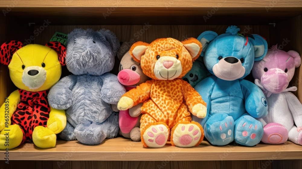 Stuffed Animal Collection: A shelf of plush animals, from cuddly teddy ...