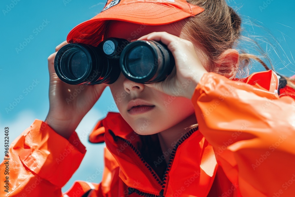 Water safety with lifeguard in red outfit using binoculars for ...