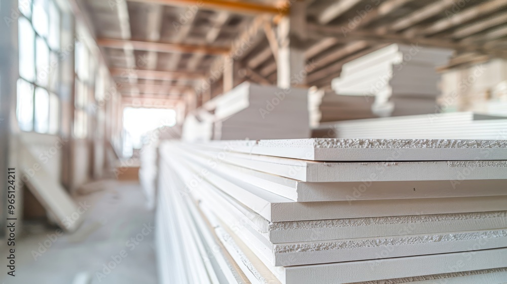 Range of lightweight gypsum boards, neatly stacked, demonstrating ...